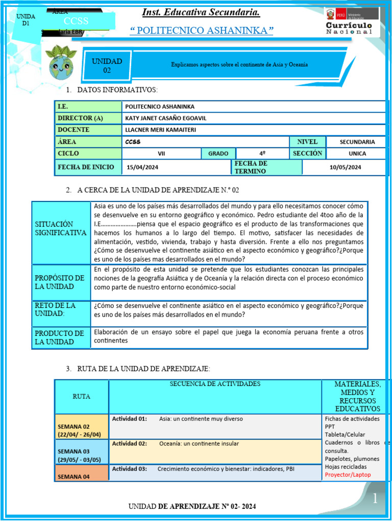Plan Anual CCSS 4° - 2024 | PDF | Aprendizaje