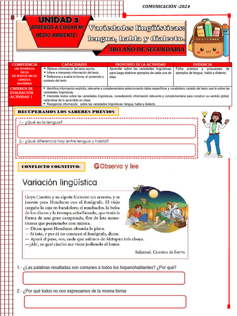 3º Sec. Comun. Ficha de Actv 01-2024 | PDF | Dialecto | Habla