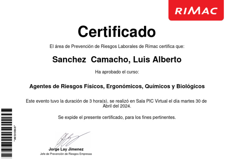 Certificado Sanchez Camacho, Luis Alberto | PDF