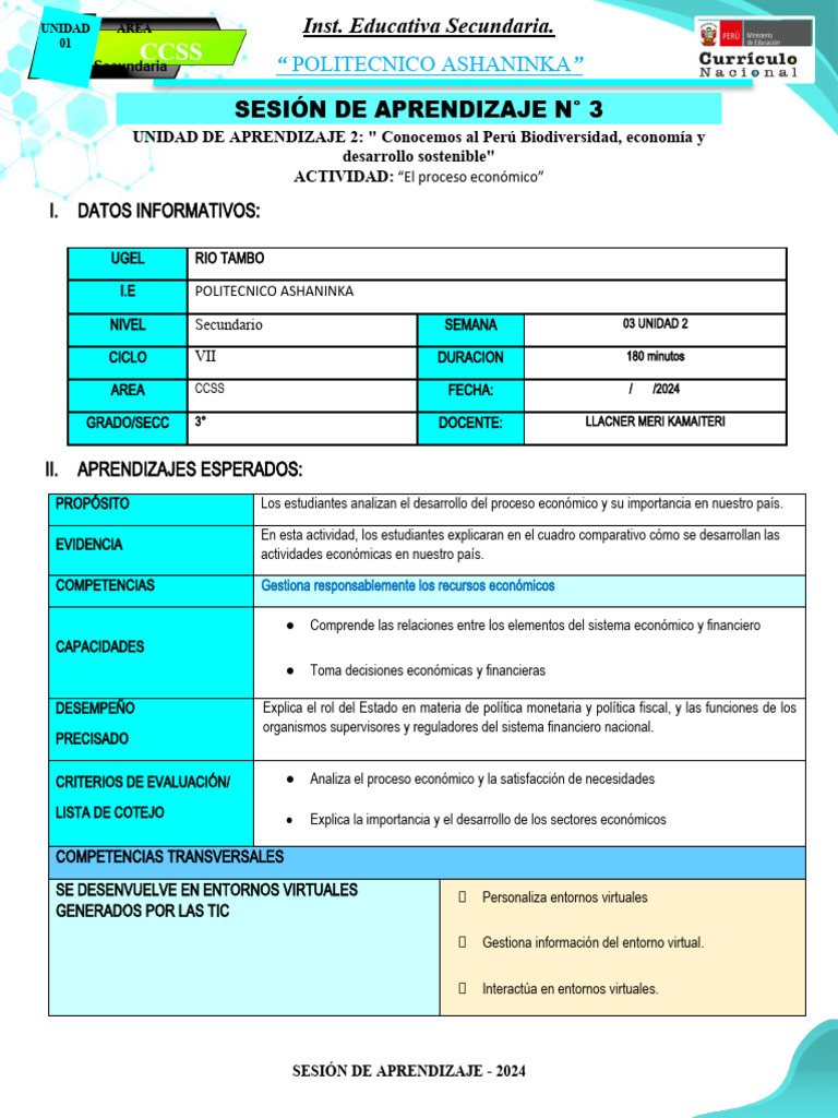 Sesion CCSS 3° Sec-Semana 03 Uni 2 | PDF | Aprendizaje | Evaluación