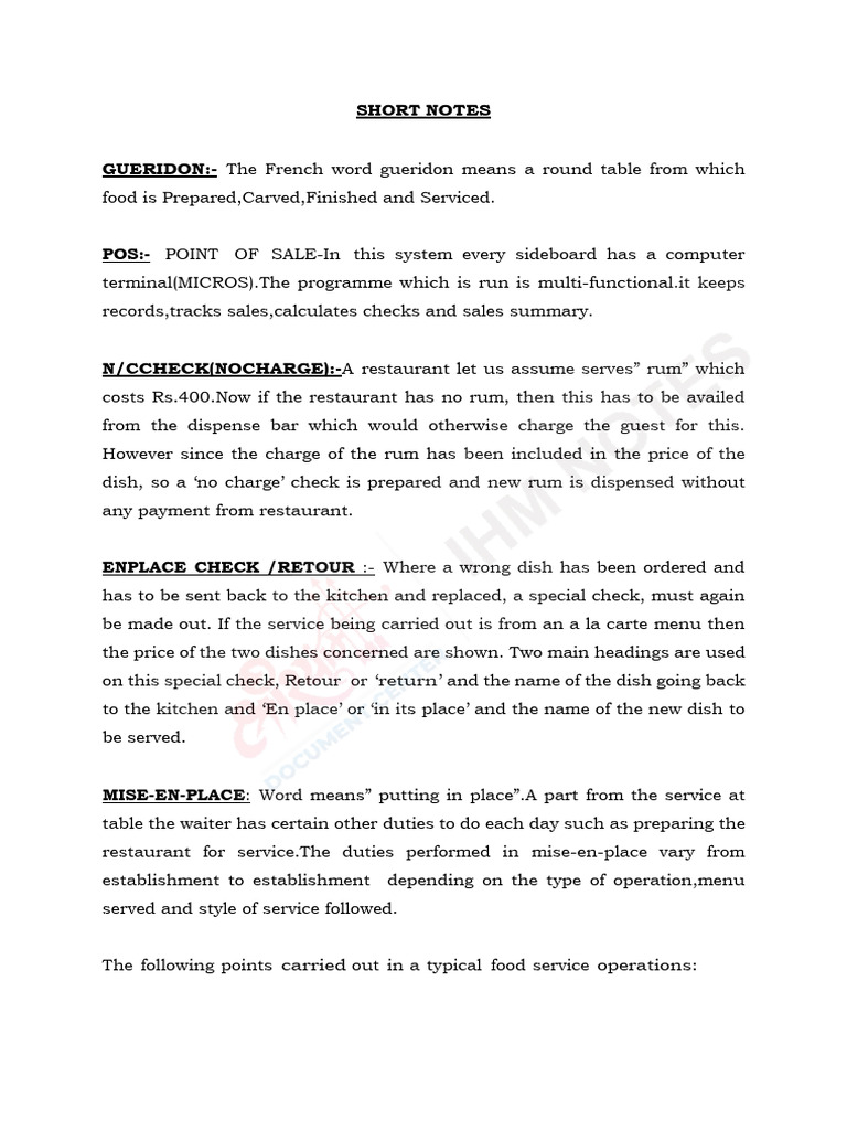 SHORT NOTES | PDF | Tableware | Restaurants
