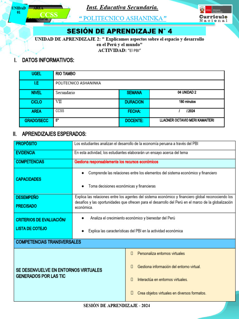 SESION CCSS 5° SEC-SEMANA 04 UNI 2 | Descargar gratis PDF | Producto Interno Bruto | Perú