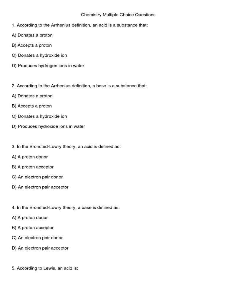 Chemistry Multiple Choice Questions | PDF | Acid | Branches Of ...