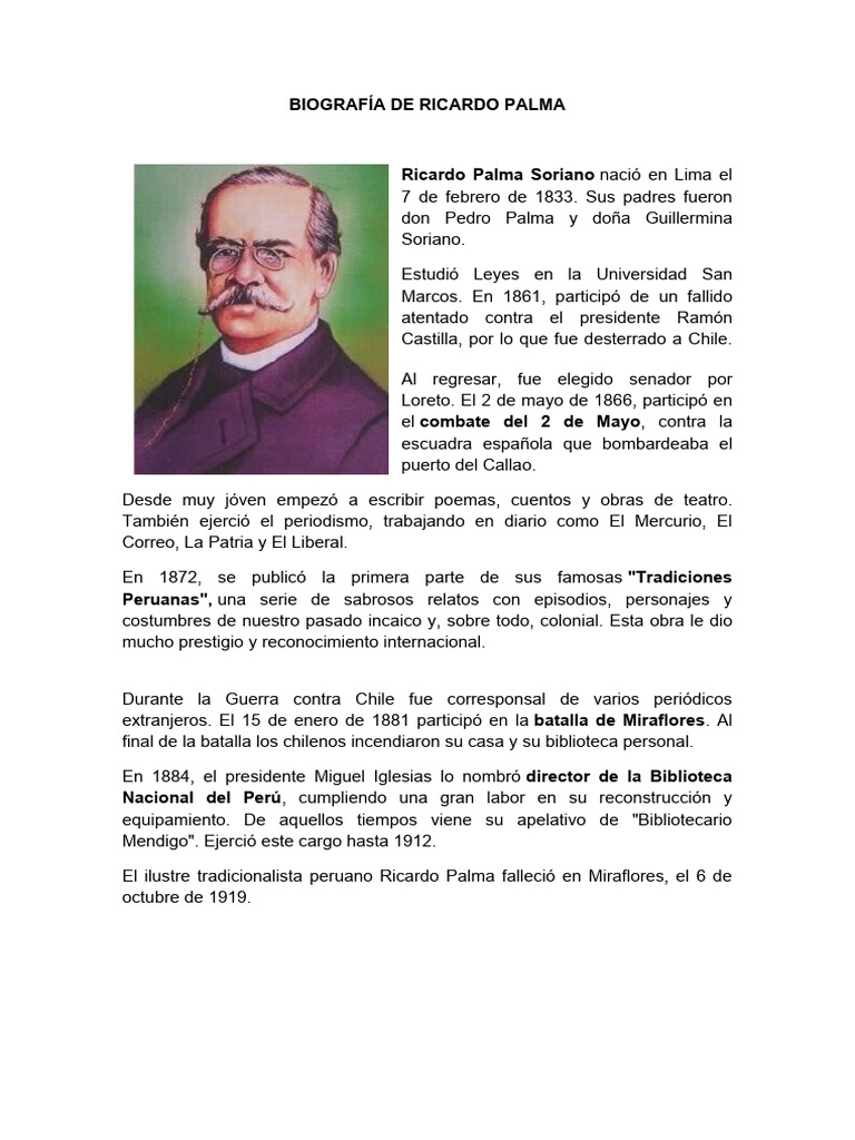 Biografia de Ricardo Palma | PDF | Perú | América del Sur