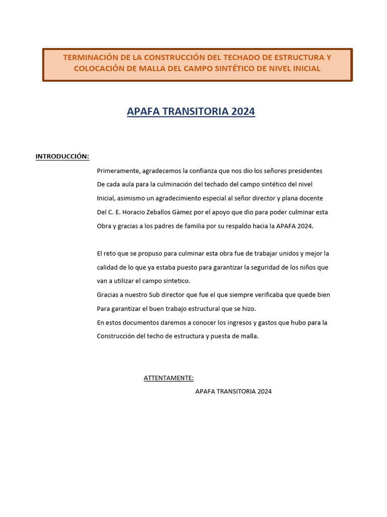 Informe de Ingresos y Gastos APAFA 2024 | PDF | Hogar, jardinería y bricolaje