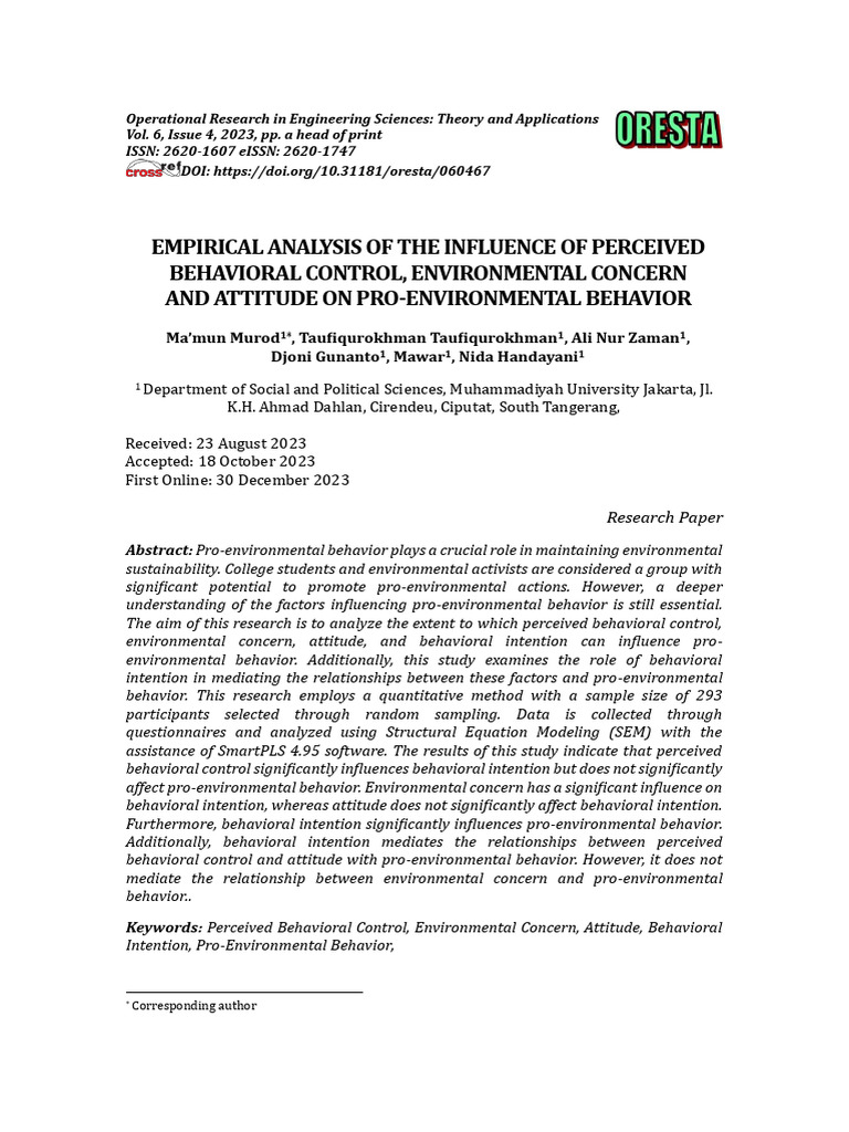 Empirical Analysis of The Influence of Perceived Behavioral Control, Environmental Concern and ...