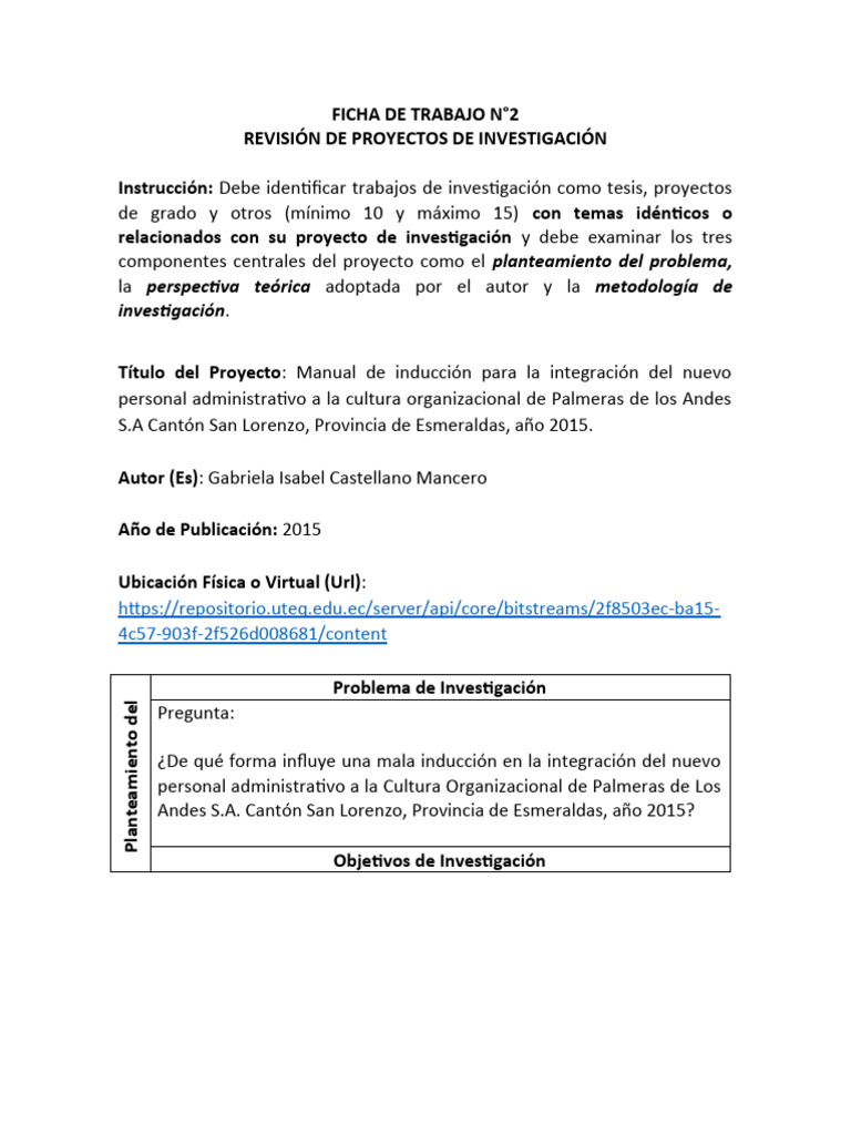 Ficha de Trabajo N°2 Revisión Proyectos de Investigación 26.04.2024 | PDF | Razonamiento ...