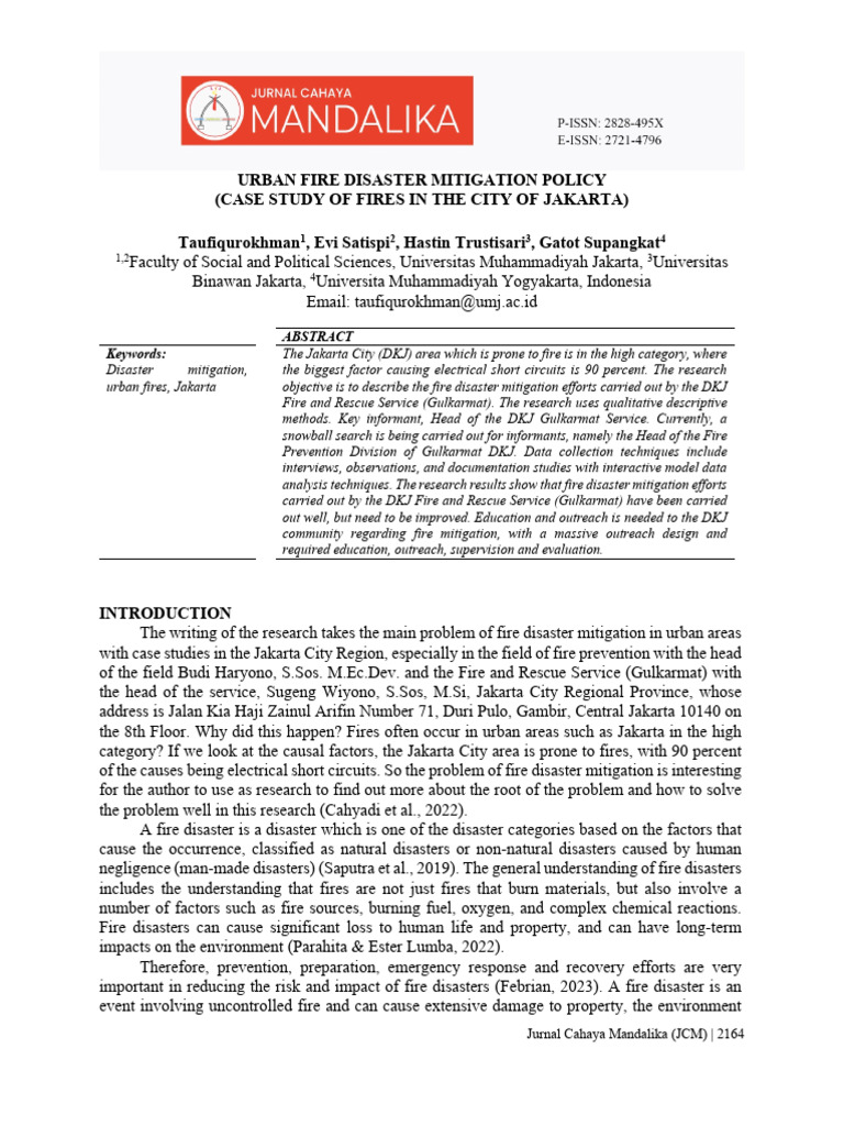 Urban Fire Disaster Mitigation Policy (Case Study of Fires in The City ...