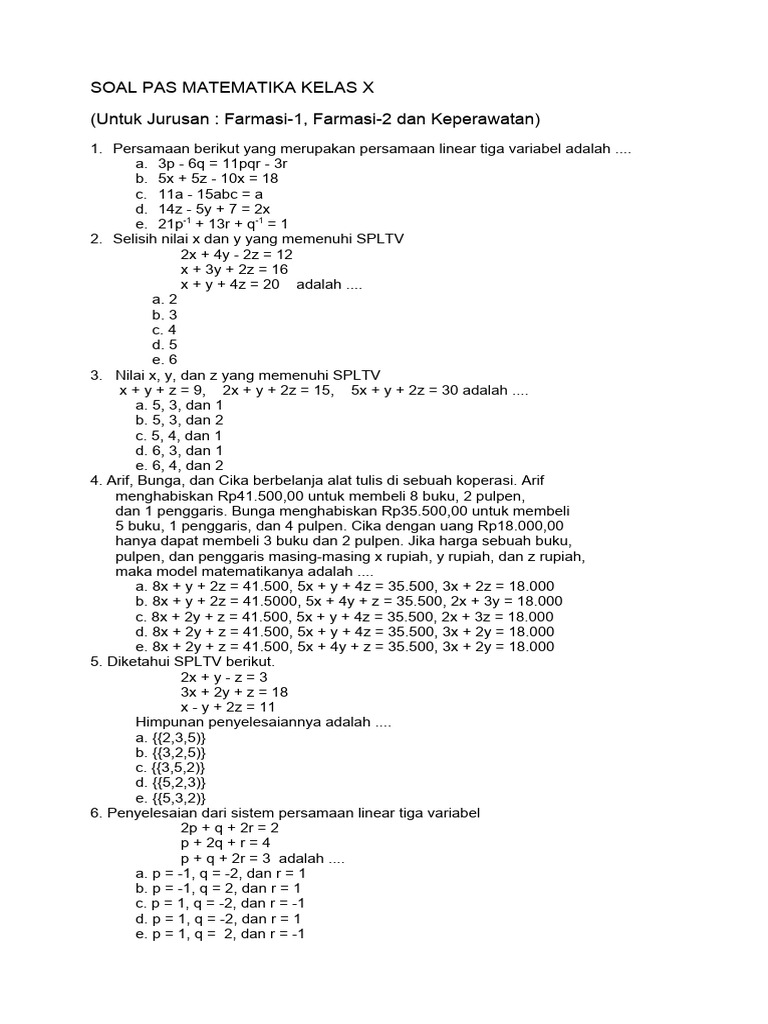 SOAL PAS MATEMATIKA KELAS X 2024-1 | PDF