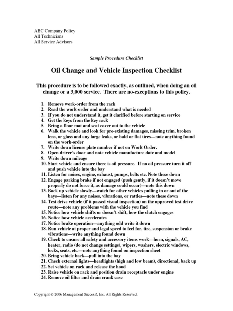Oil Change and Vehicle Inspection Checklist | PDF | Vehicles | Brake