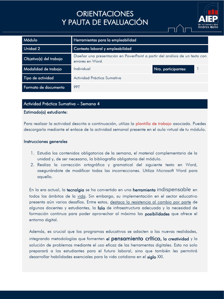 Descarga Aquí Las Orientaciones de La Actividad | PDF | Evaluación | Microsoft Word
