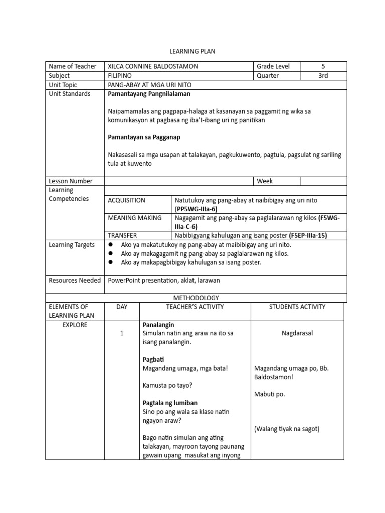 Filipino 5 Learning Plan | PDF