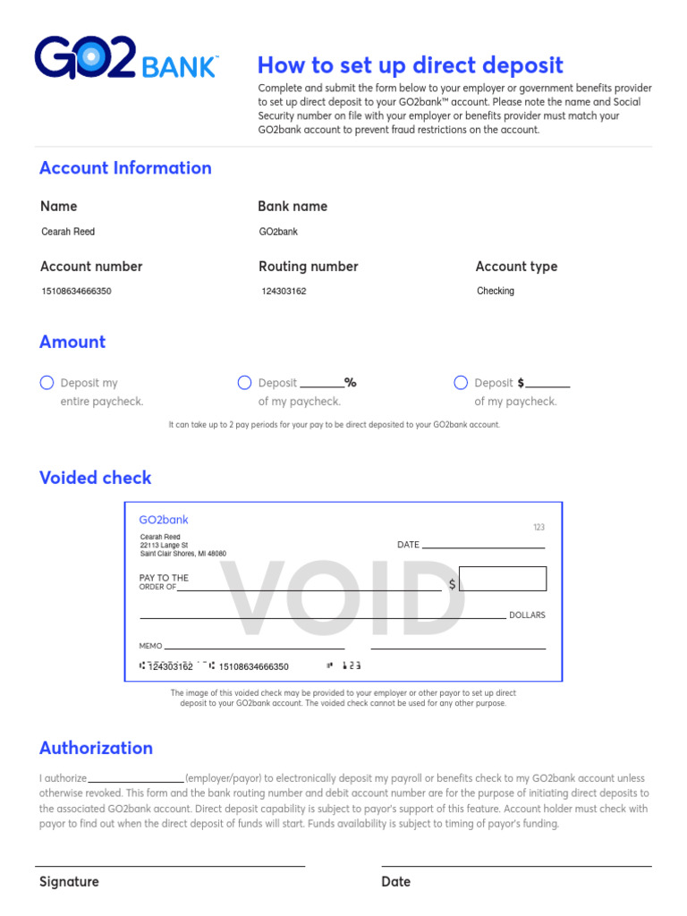 GO2bank Direct Deposit Form | PDF | Paycheck | Cheque