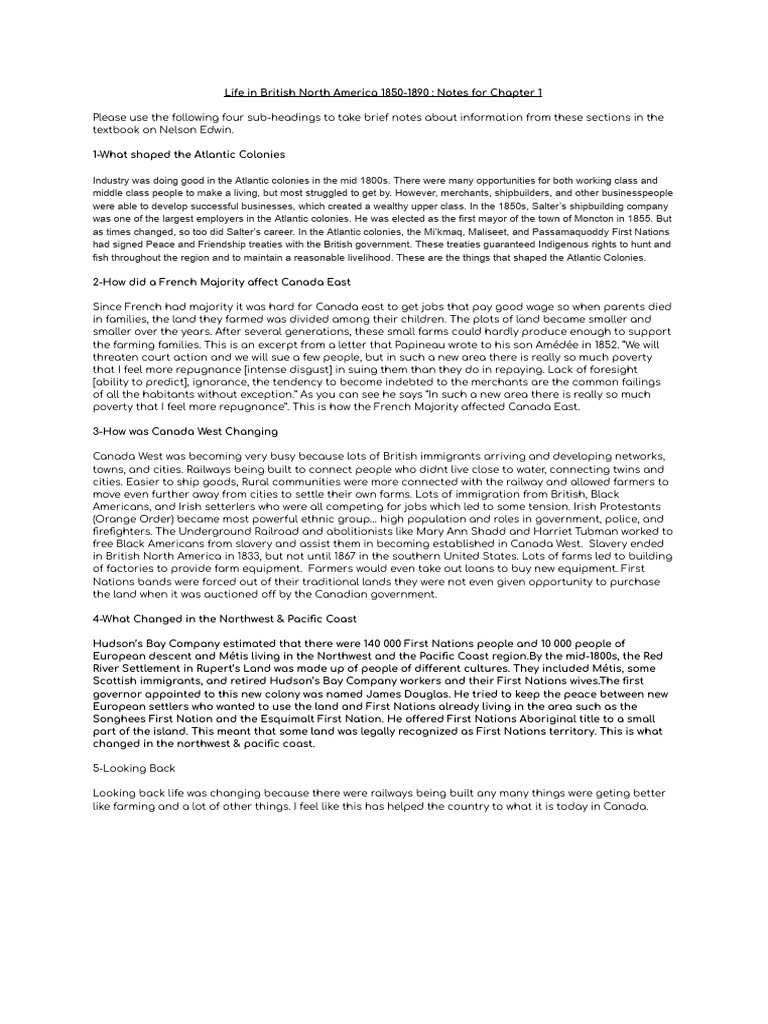 Ravi Nikhil Choragudi - Life in British North America 1850-1890 Notes ...