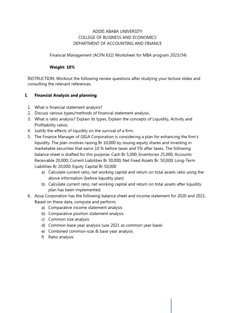 MBA Financial Management Worksheet 2023/34 | PDF | Cost Of Capital ...