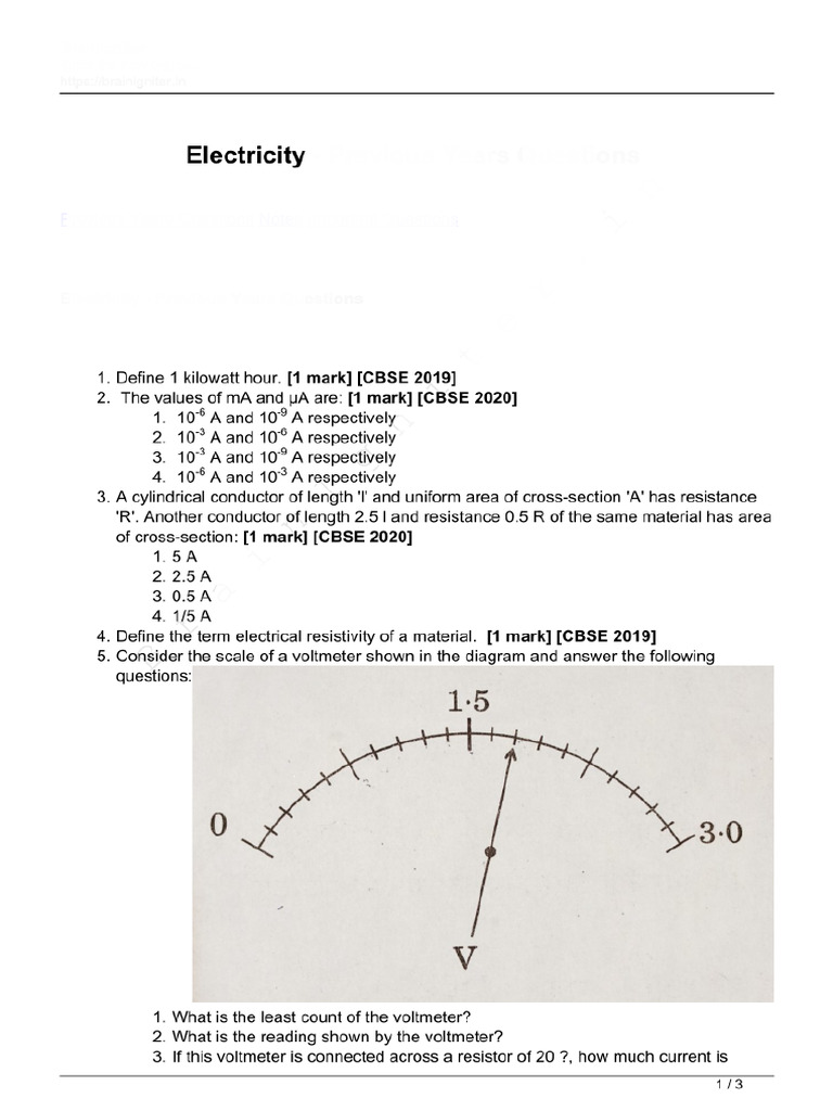 Physics Electricity Previous Years Questions | PDF
