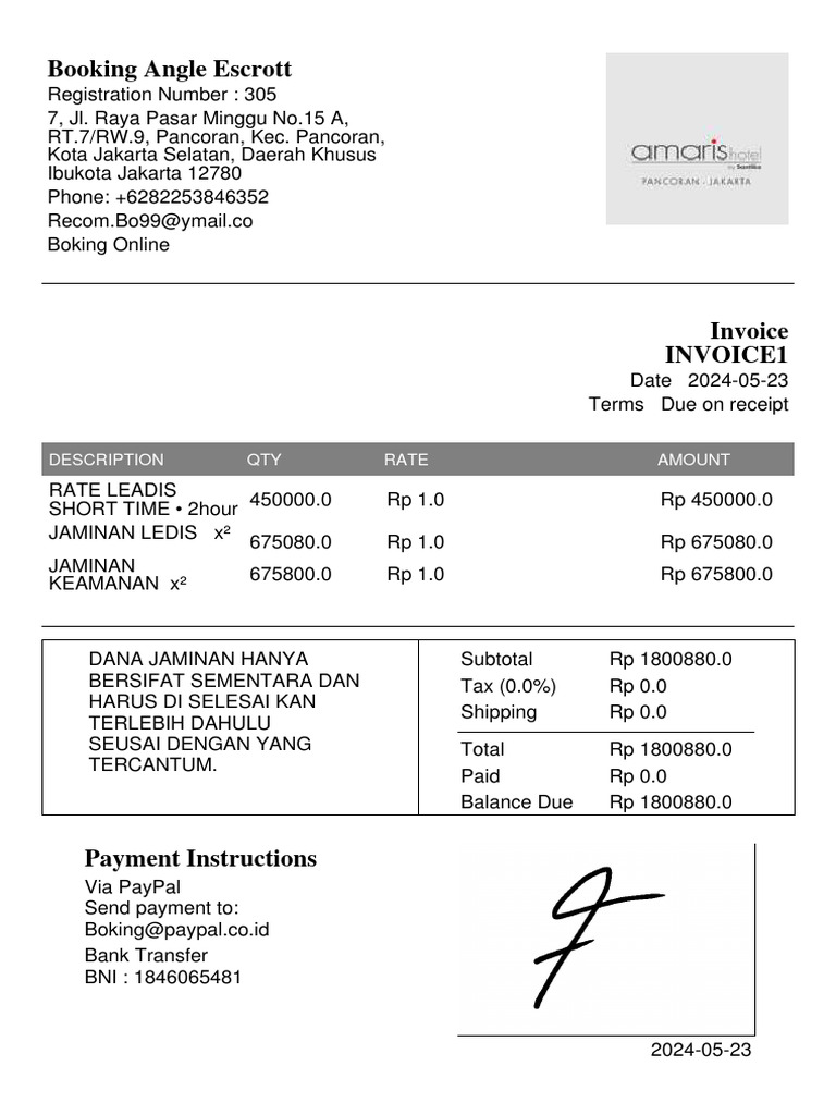 Invoice for Booking Services Jakarta | PDF