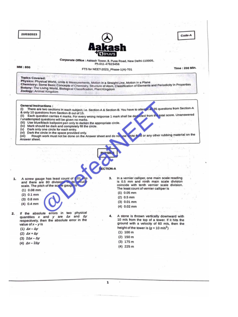 Aakash Mock Test 1 | PDF