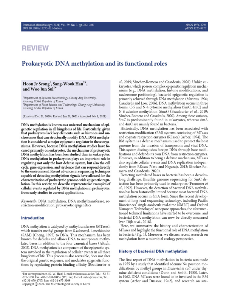 Prokaryotic DNA Methylation and Its Functional Roles | Download Free PDF | Dna Methylation ...