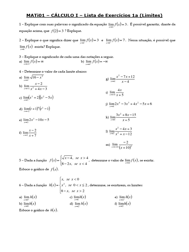Lista de Exercícios 1a - MATi01 - Cálculo I - T6 | PDF | Função ...