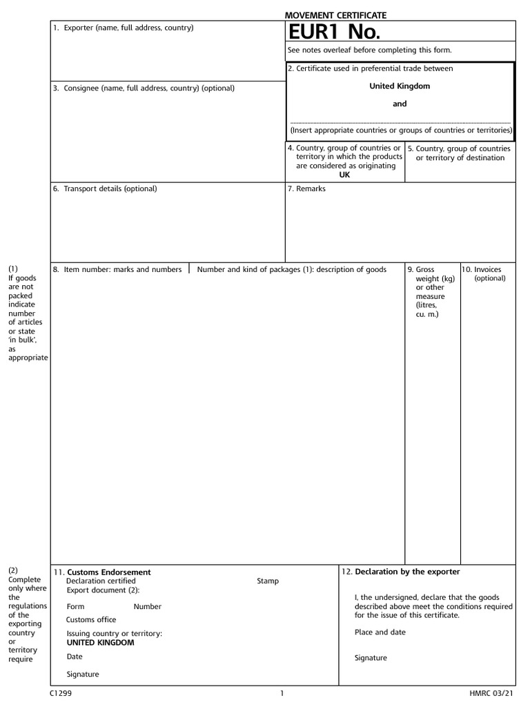 EUR1 No.: United Kingdom and | PDF | Customs | Signature