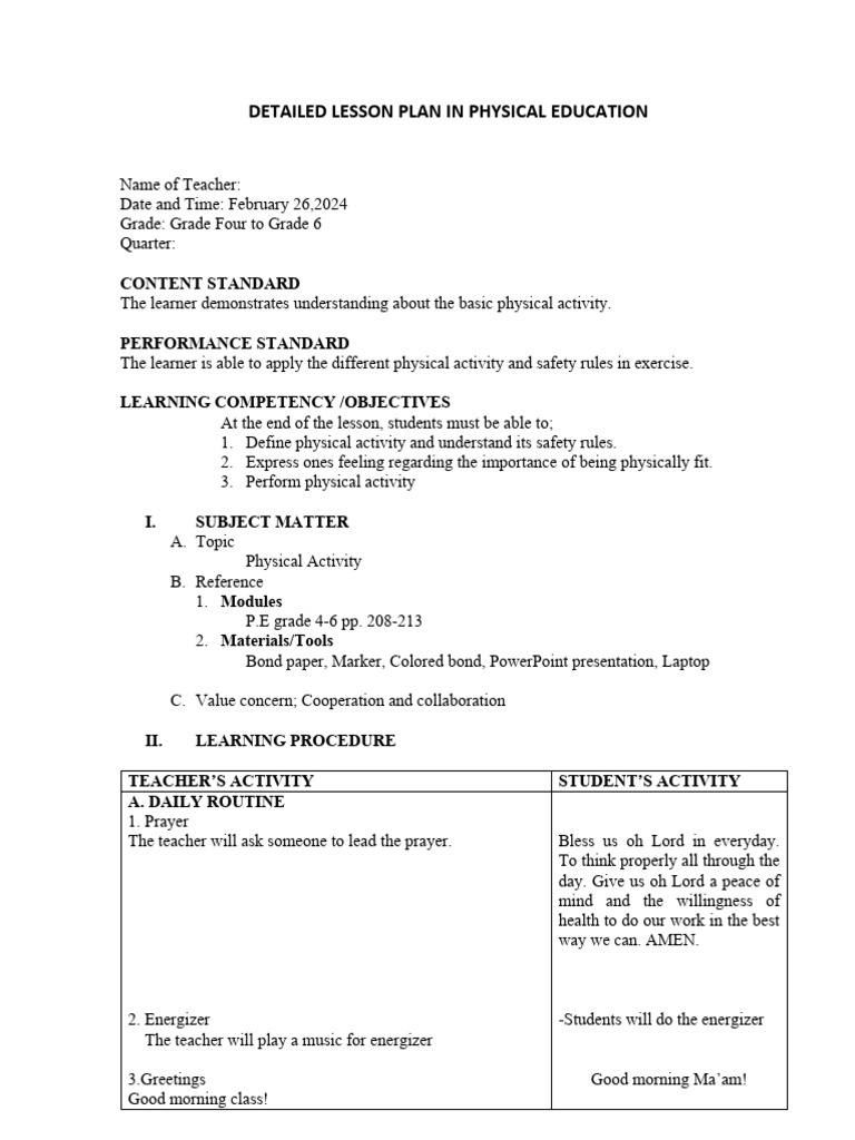 Detailed Lesson Plan in Physical Education | PDF | Learning | Teachers
