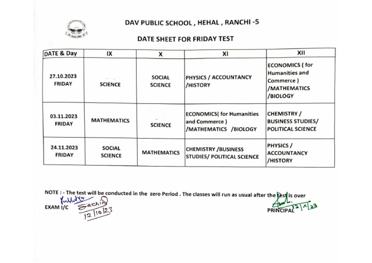 Date sheet Friday test | PDF
