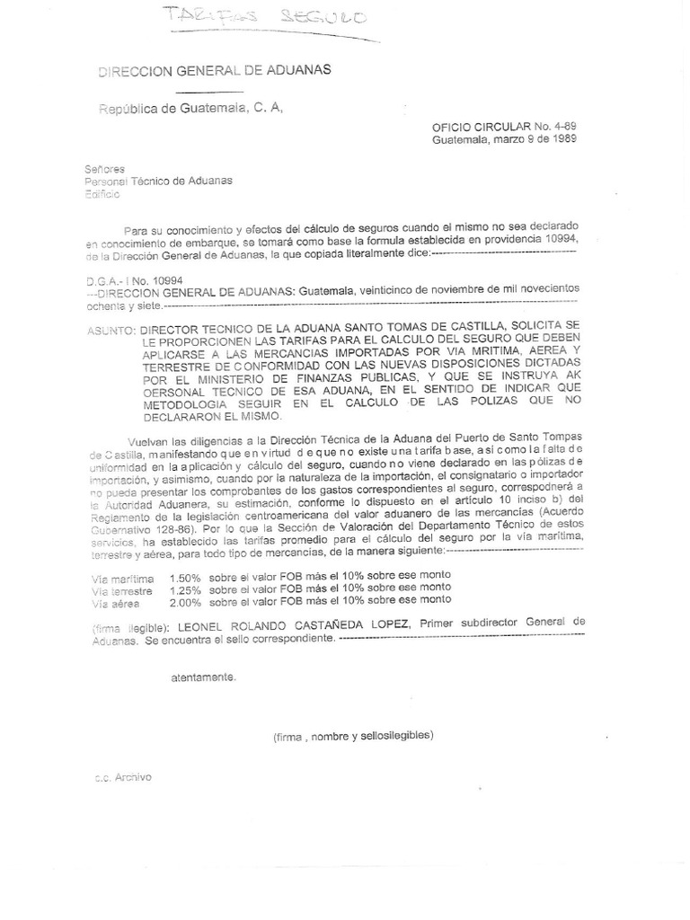 Circular 4-89, Cálculo de Seguro | PDF