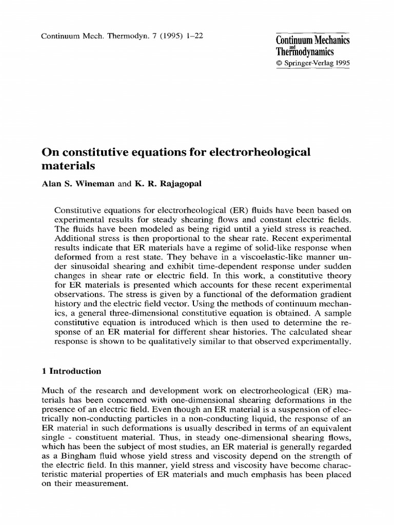 1995, Wineman, On Constitutive Equations For Electrorheological ...