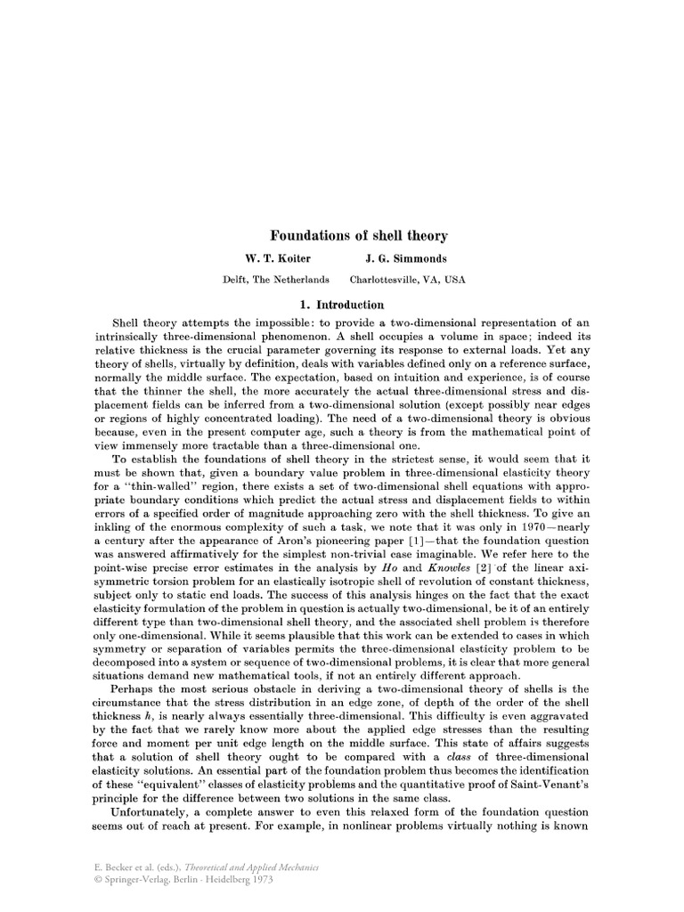 1973, Koiter, Foundations of Shell Theory | PDF | Stress (Mechanics ...