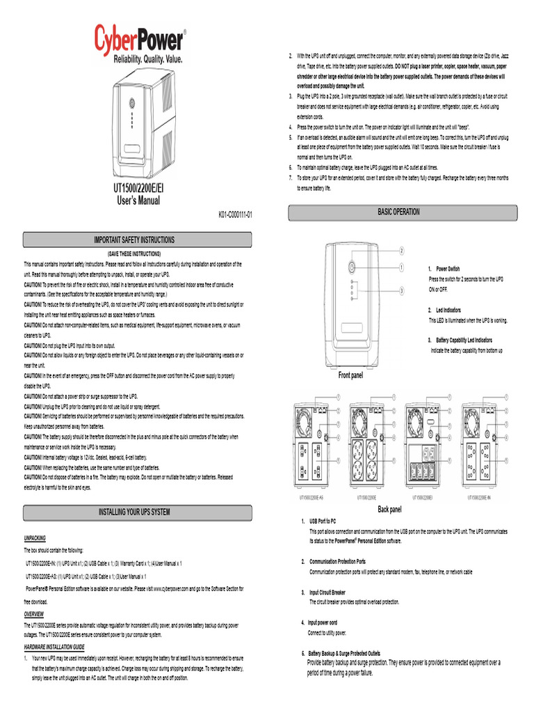 CyberPower K01-C000111-01 UM UT1500-2200E (I) en | PDF | Ac Power Plugs And Sockets | Power Supply