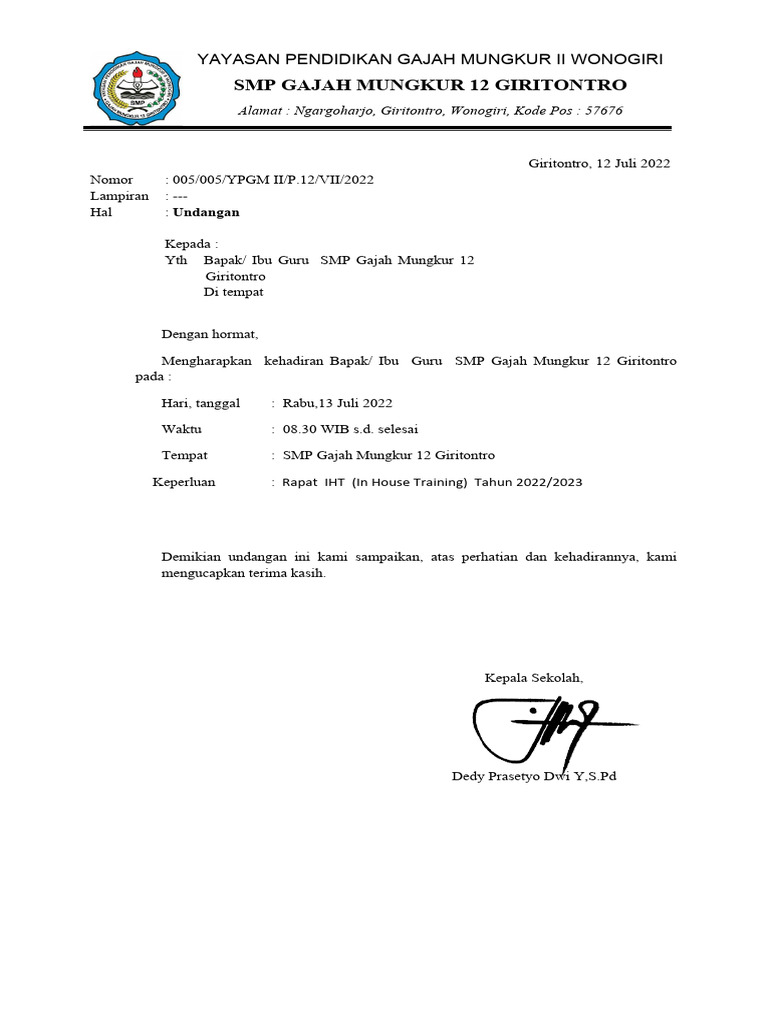 Undangan Rapat Iht 2022 | PDF