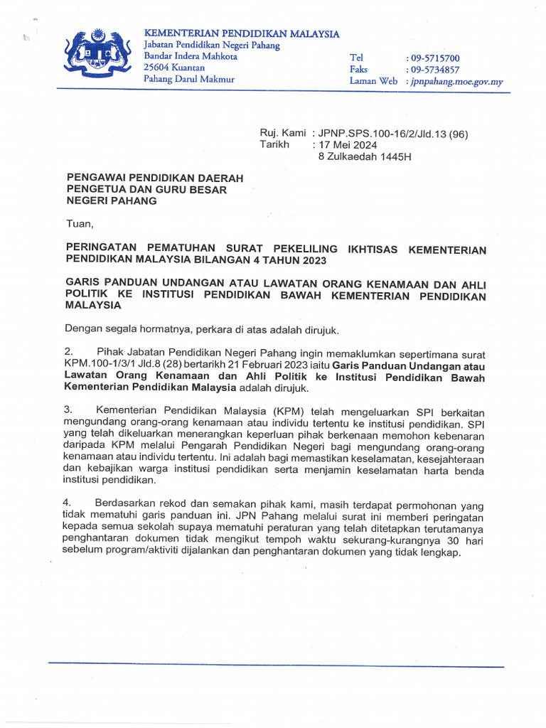 Peringatan Pematuhan Surat Pekeliling Ikhtisas KPM Bil 4 Tahun 2023 | PDF
