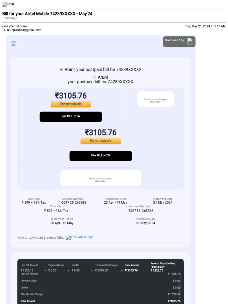 Airtel Prepaid Bill Email Instructions | PDF | Mobile App | Cyberspace