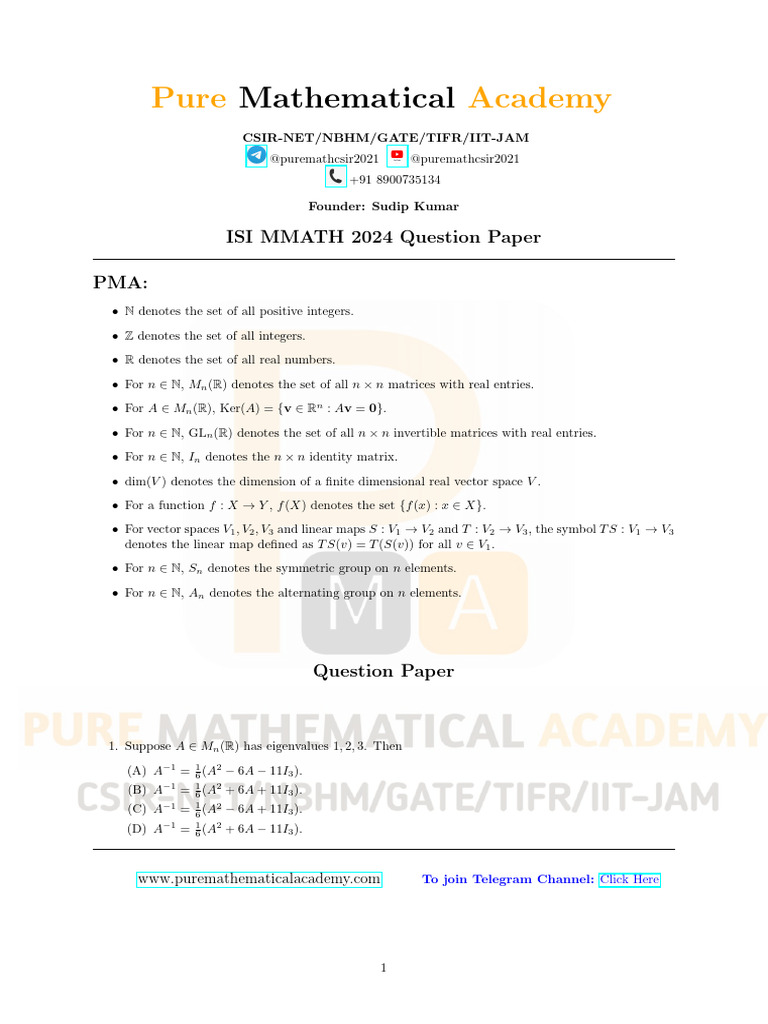 ISI MMath 2024 Question | PDF | Matrix (Mathematics) | Field (Mathematics)