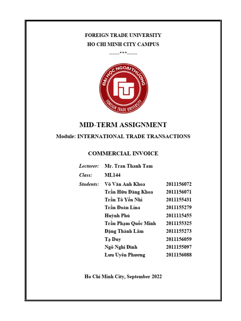 Mid-Term Assignment - Commercial Invoice | PDF | Letter Of Credit | Invoice