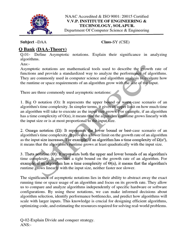 DAA-Q Bank (THEORY) Solved | PDF | Dynamic Programming | Time Complexity