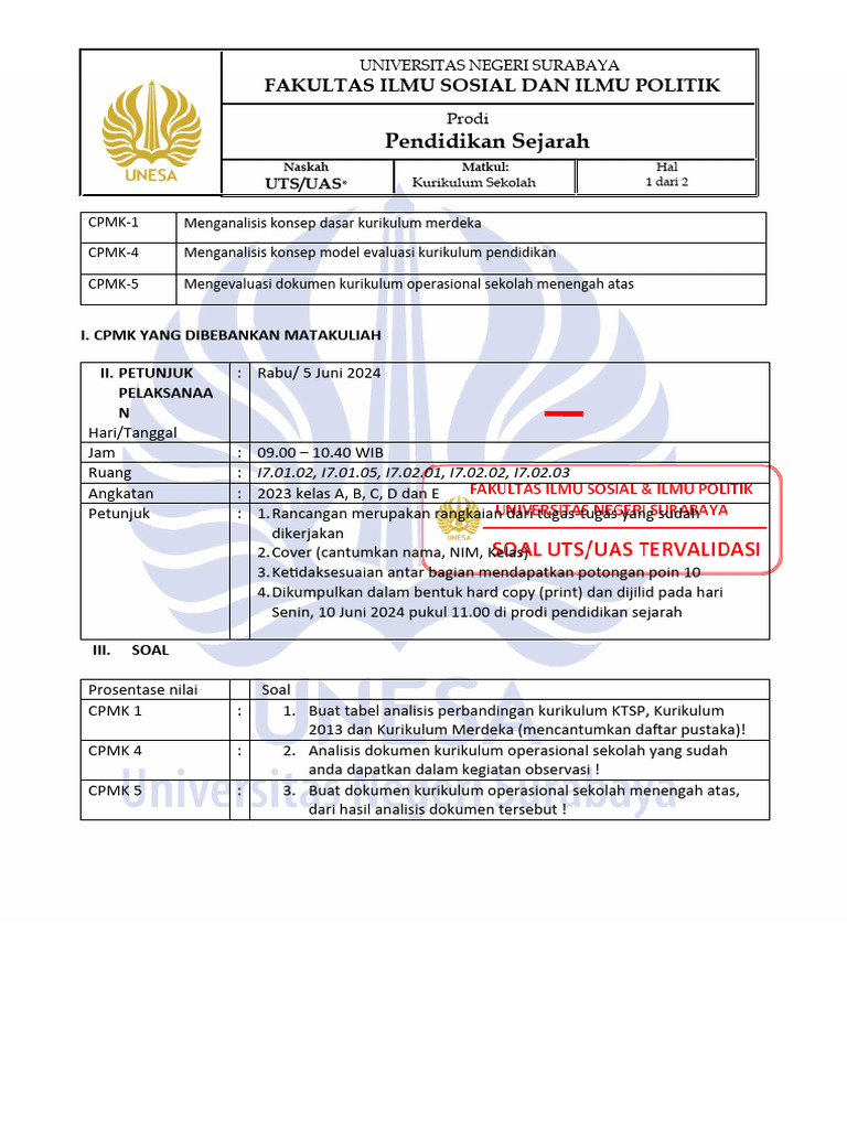 Soal UTS-UAS OBE 2024 Kurikulum | PDF