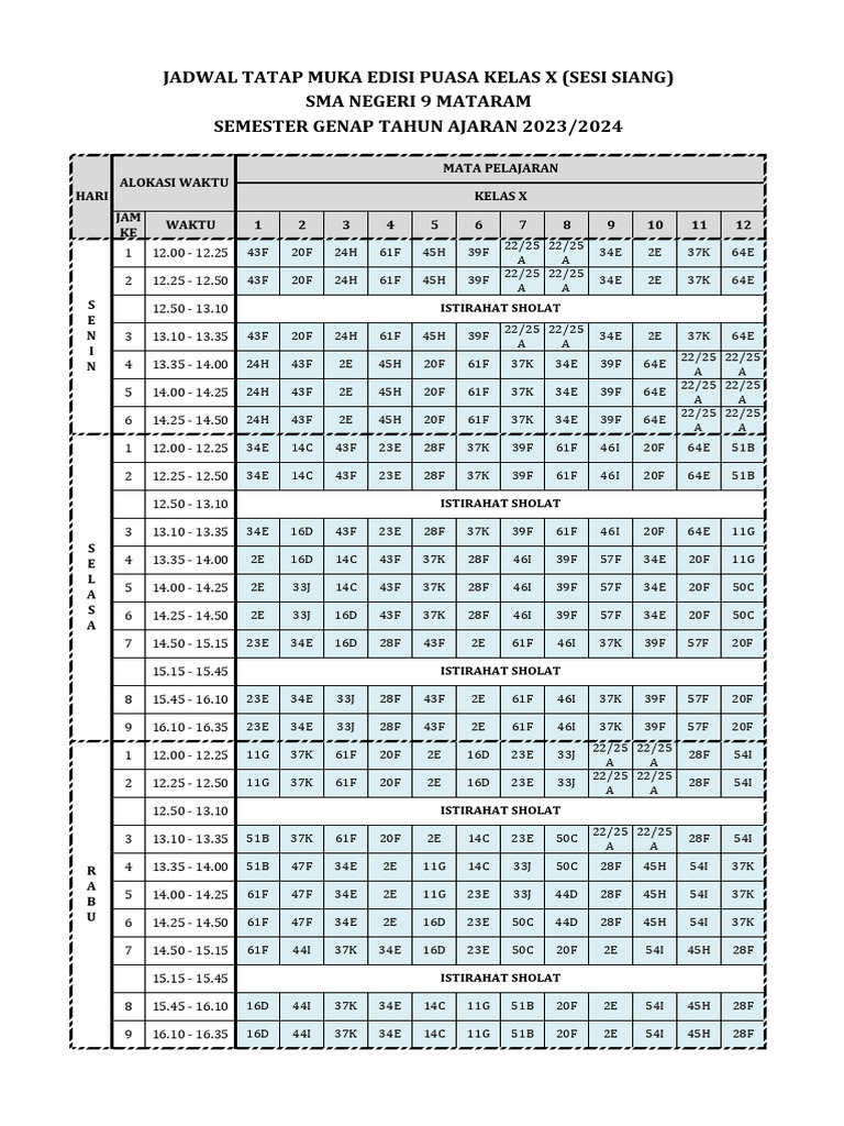 (Jadwal Puasa) Jadwal Pelajaran Kelas X Semester 2 TP 2023-34-Pages | PDF