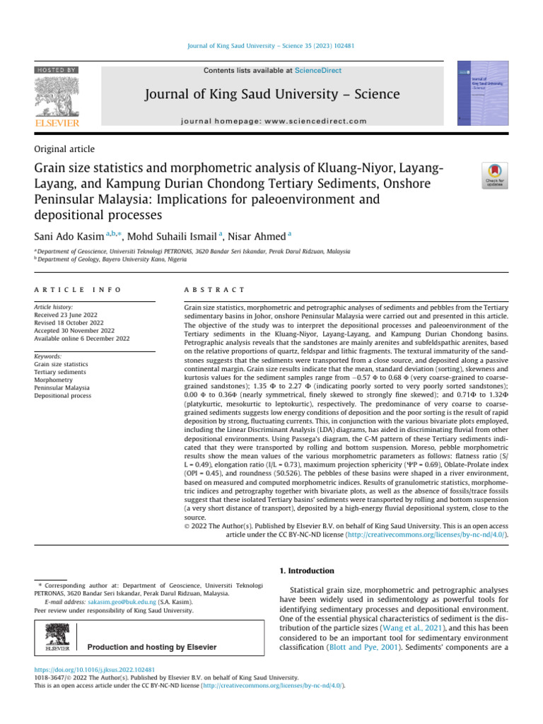Grain Size Statistics And Morphometric Analysis Of Kluang N 2023 Pdf Sedimentary Rock