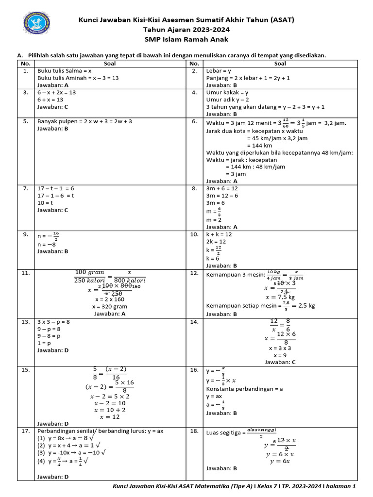 Kunci_Jawaban_Kisi_Kisi_ASAT_Matematika_Kelas_7_Tipe_A_TP_2023_2024 | PDF