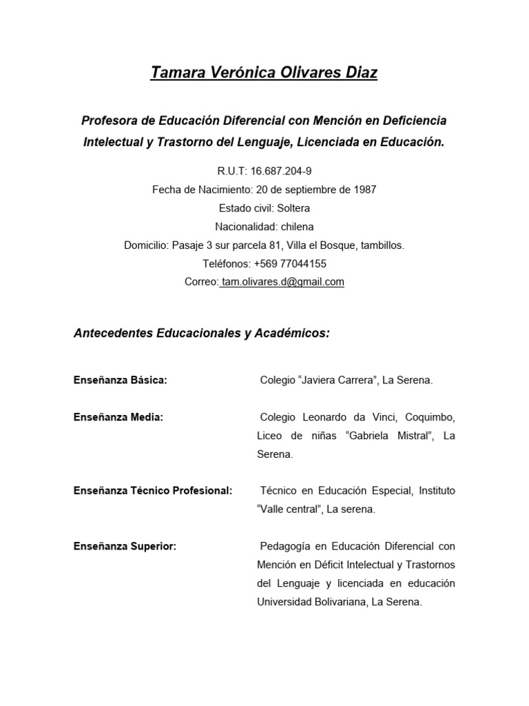 Curriculum Tamara Olivares Diaz | PDF | Enseñando | Educación de la primera infancia