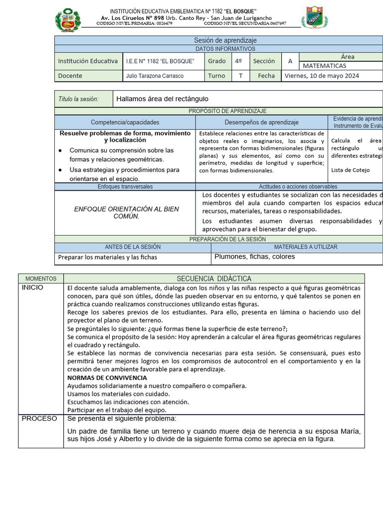 Sesión - Mate - Area de Rectangulo | PDF | Aprendizaje
