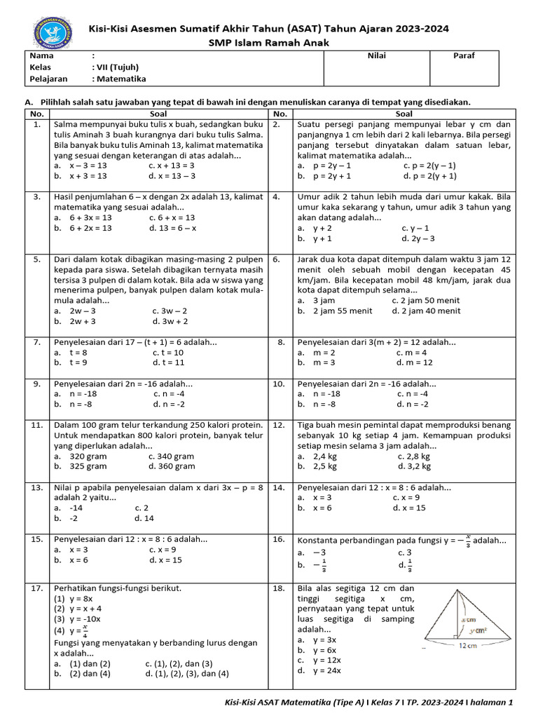 Kisi-Kisi ASAT Matematika Kelas 7 (Tipe A) TP. 2023-2024 | PDF