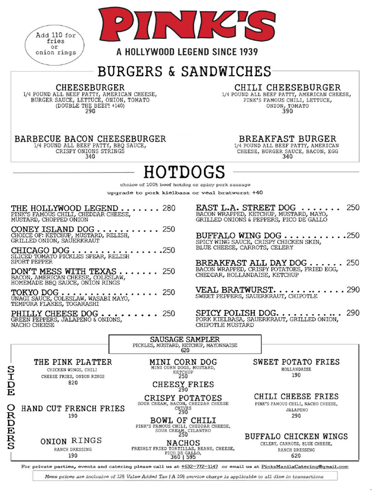 Pinks Menu 1 | PDF