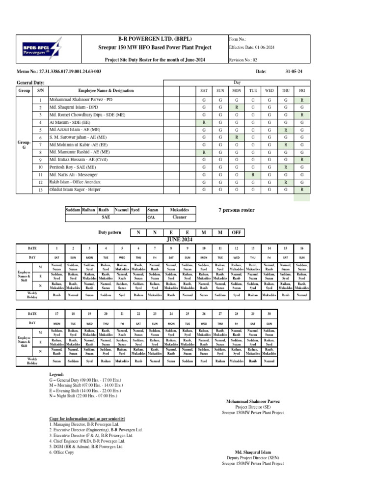 Sreepur Project Duty Roster For June 2024 | PDF