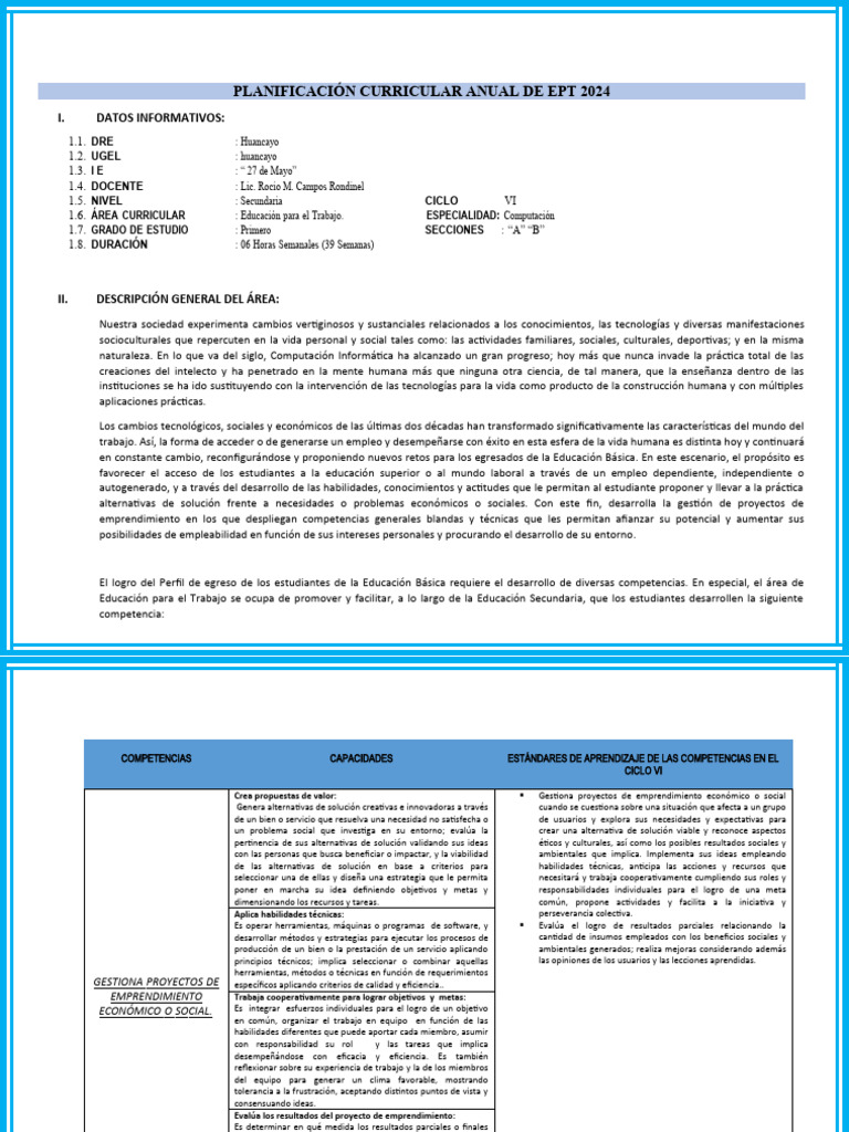 PLAN ANUAL EPT 1° SEC 2024 (1) | Descargar gratis PDF | Aprendizaje | Evaluación