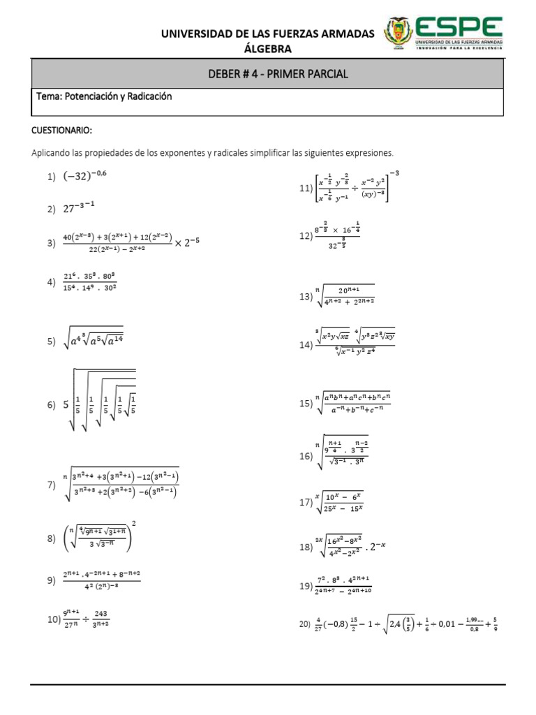 Deber 4 Potenciacion y radicacion | PDF