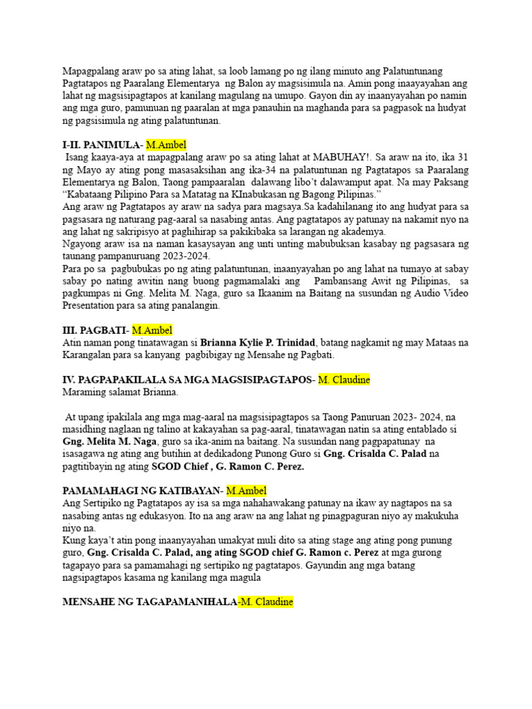 script for graduation | PDF