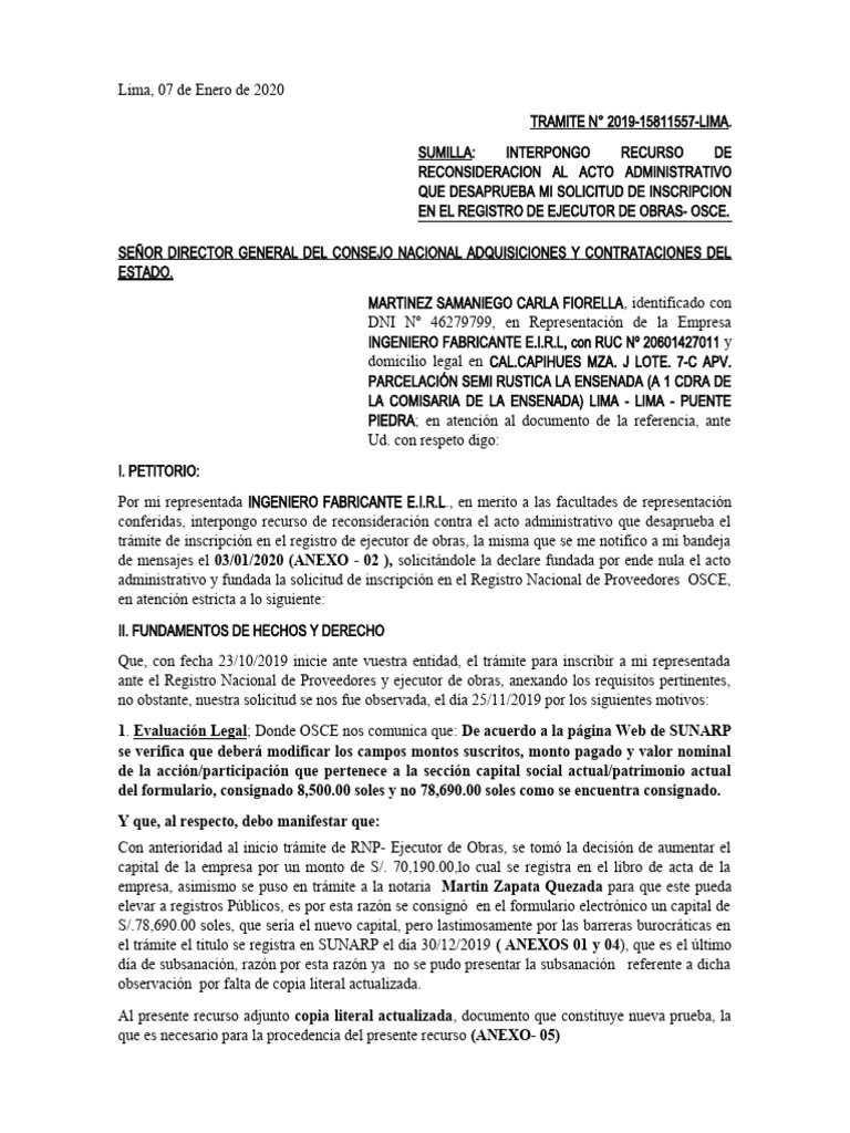 Recurso de Reconsideracion - Osce | PDF | Contabilidad | Negocios económicos
